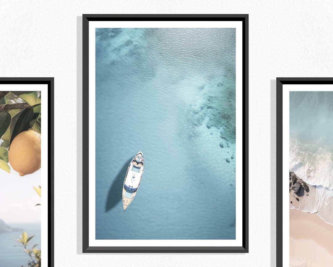 Yacht Print (P), Boat in the Sea Poster, Aerial View Boat in the Sea ...