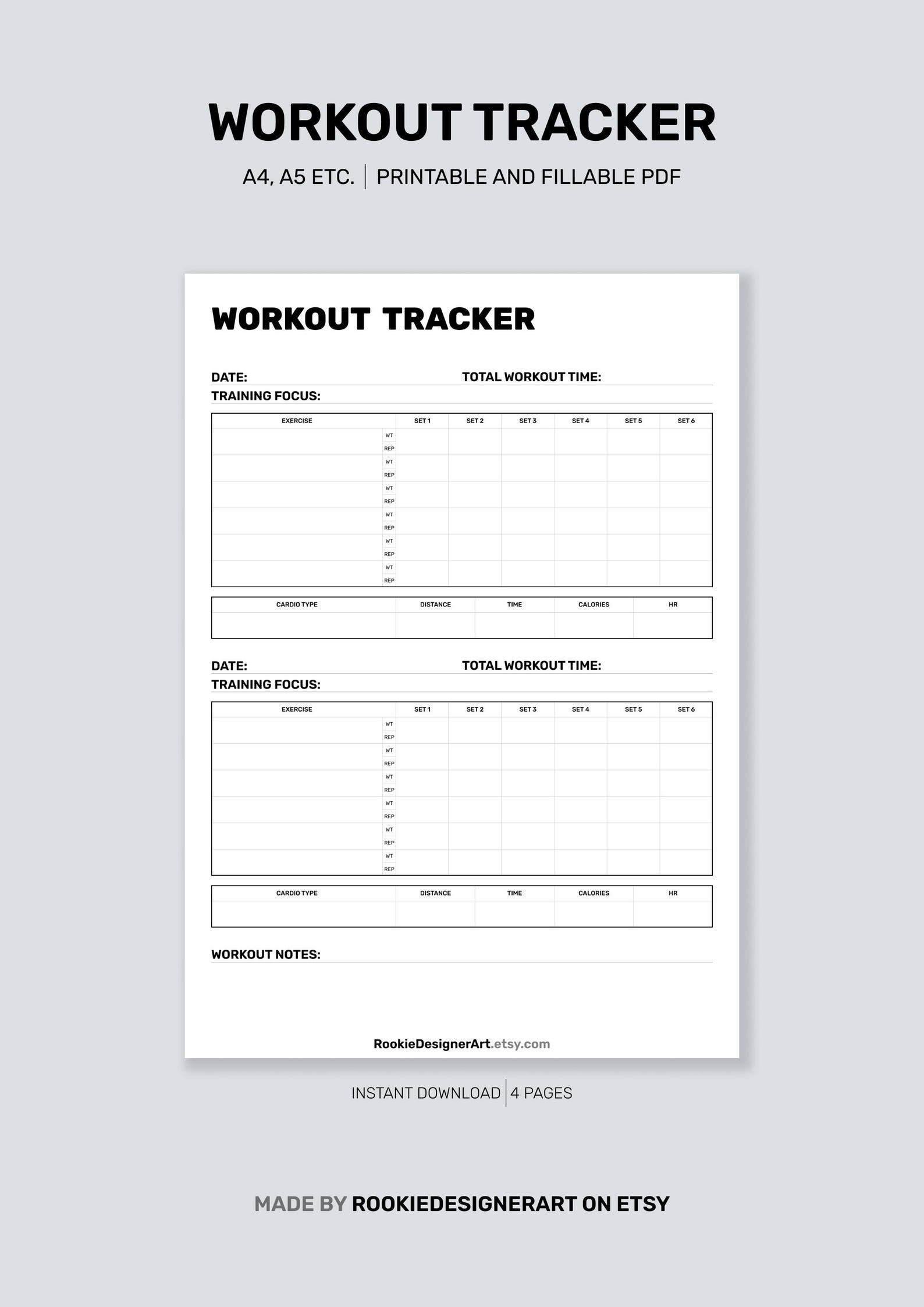 Workout Tracker Printable, Workout Tracker Fillable, Exercise Tracker ...