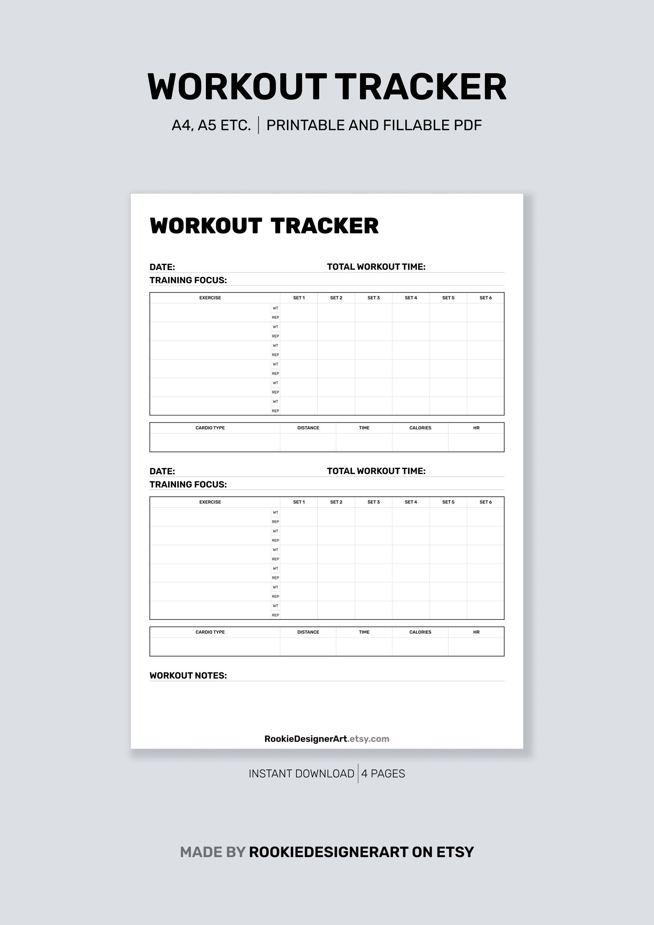 Workout Tracker Printable, Workout Tracker Fillable, Exercise Tracker ...