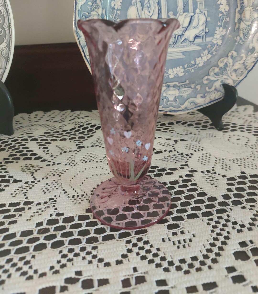 Fenton Pink Diamond Pattern Glass Vase - Hand Painted & Signed "donna R ...