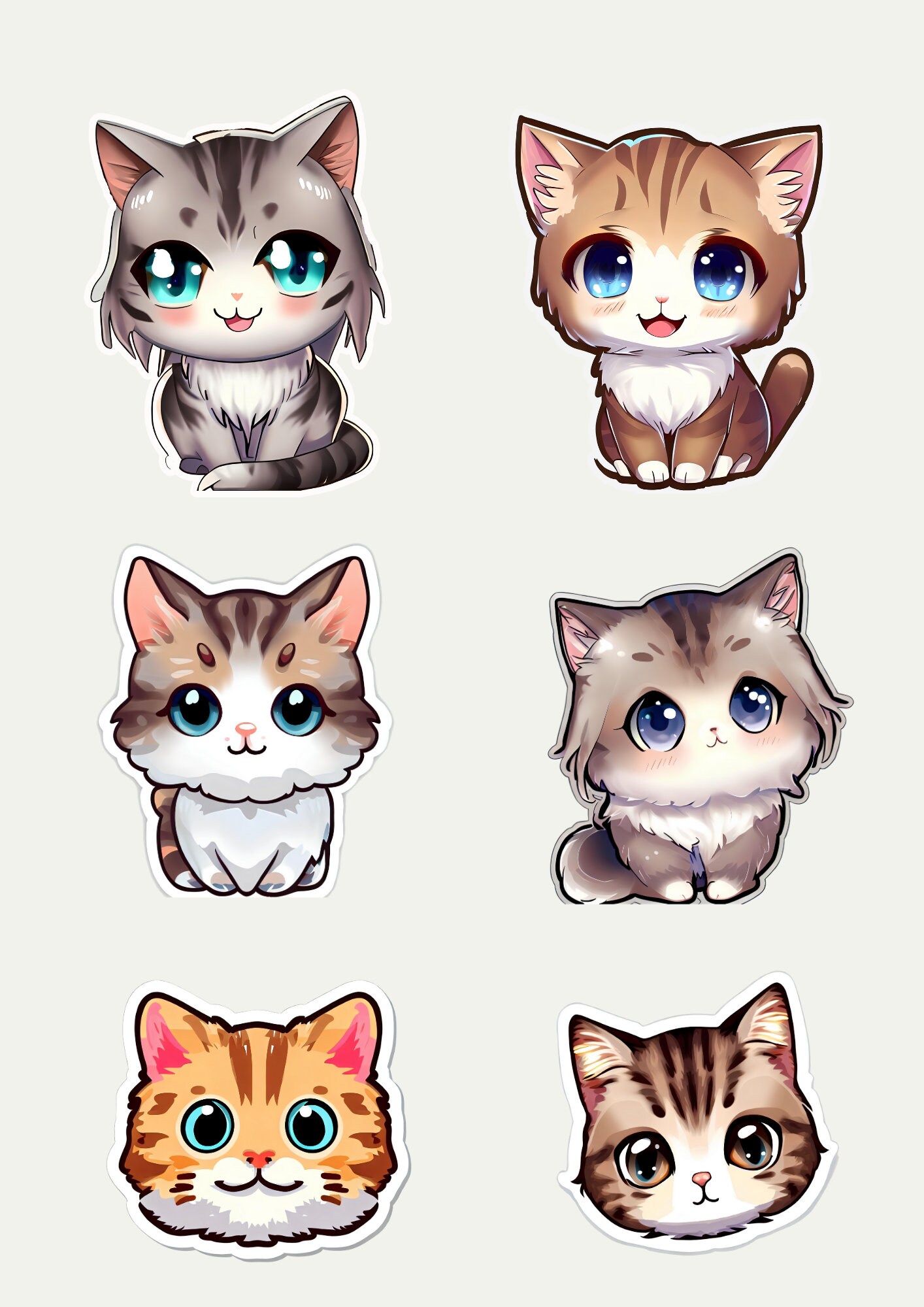 Anime Style Cat Sticker Printable Bundle ,12 Cats Png and Pdf Downland ...