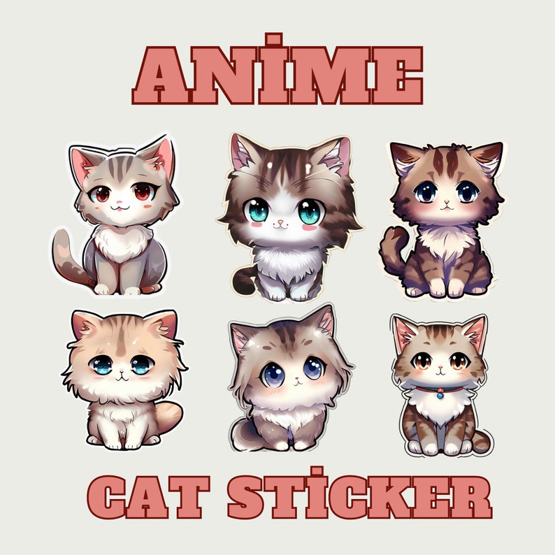 Anime Style Cat Sticker Printable Bundle ,12 Cats Png and Pdf Downland ...