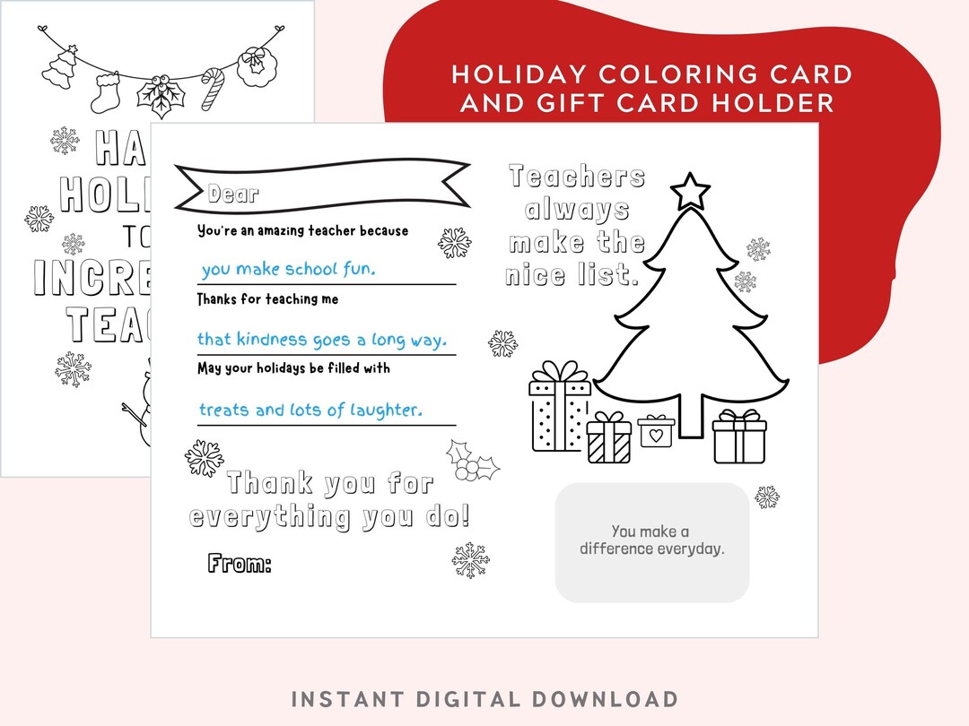 Teacher Holiday Coloring Card From Kids. Christmas Teacher Appreciation ...