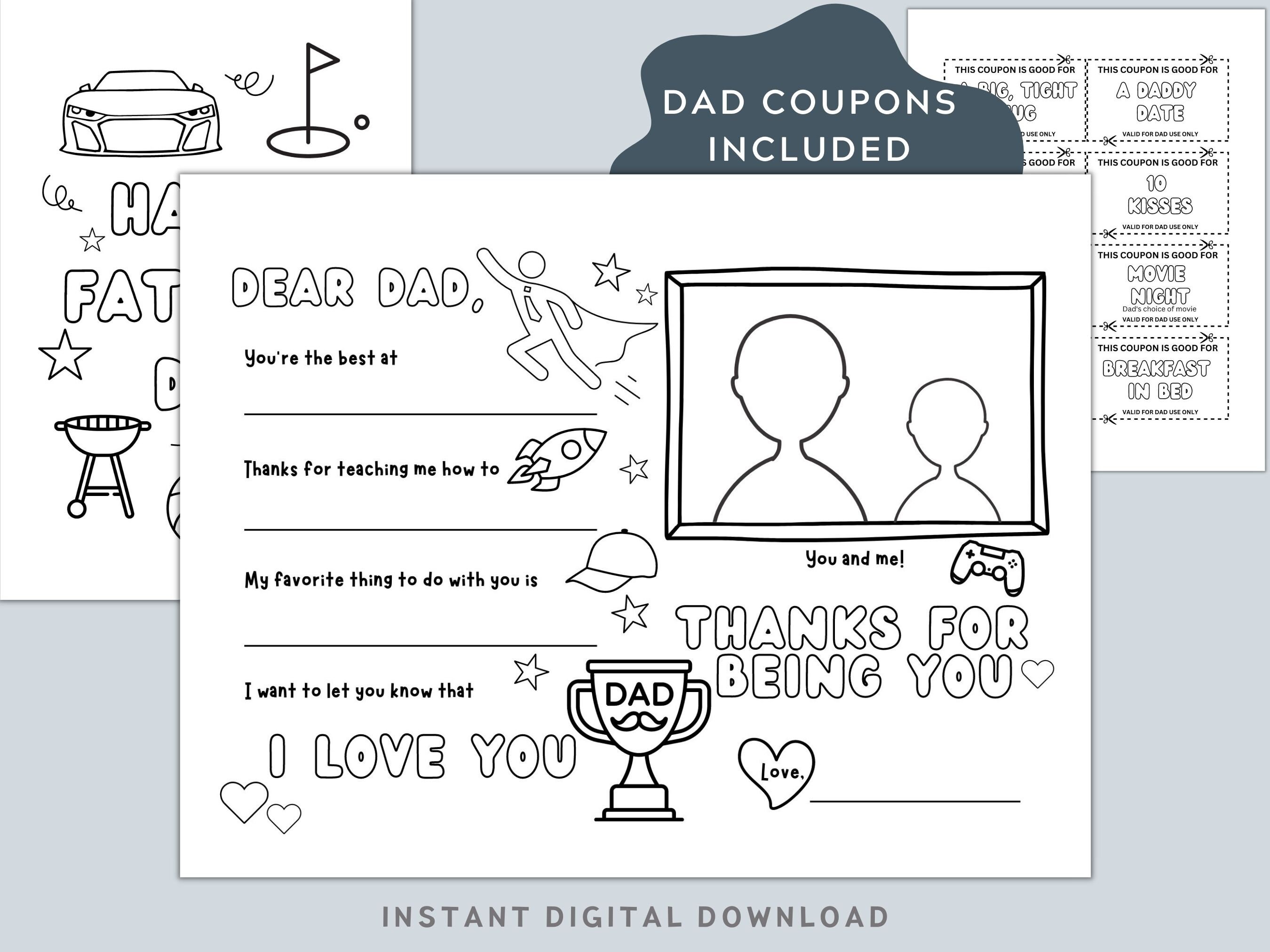 Tarjeta para colorear del Día del Padre y cupones de Kids. Complete los ...