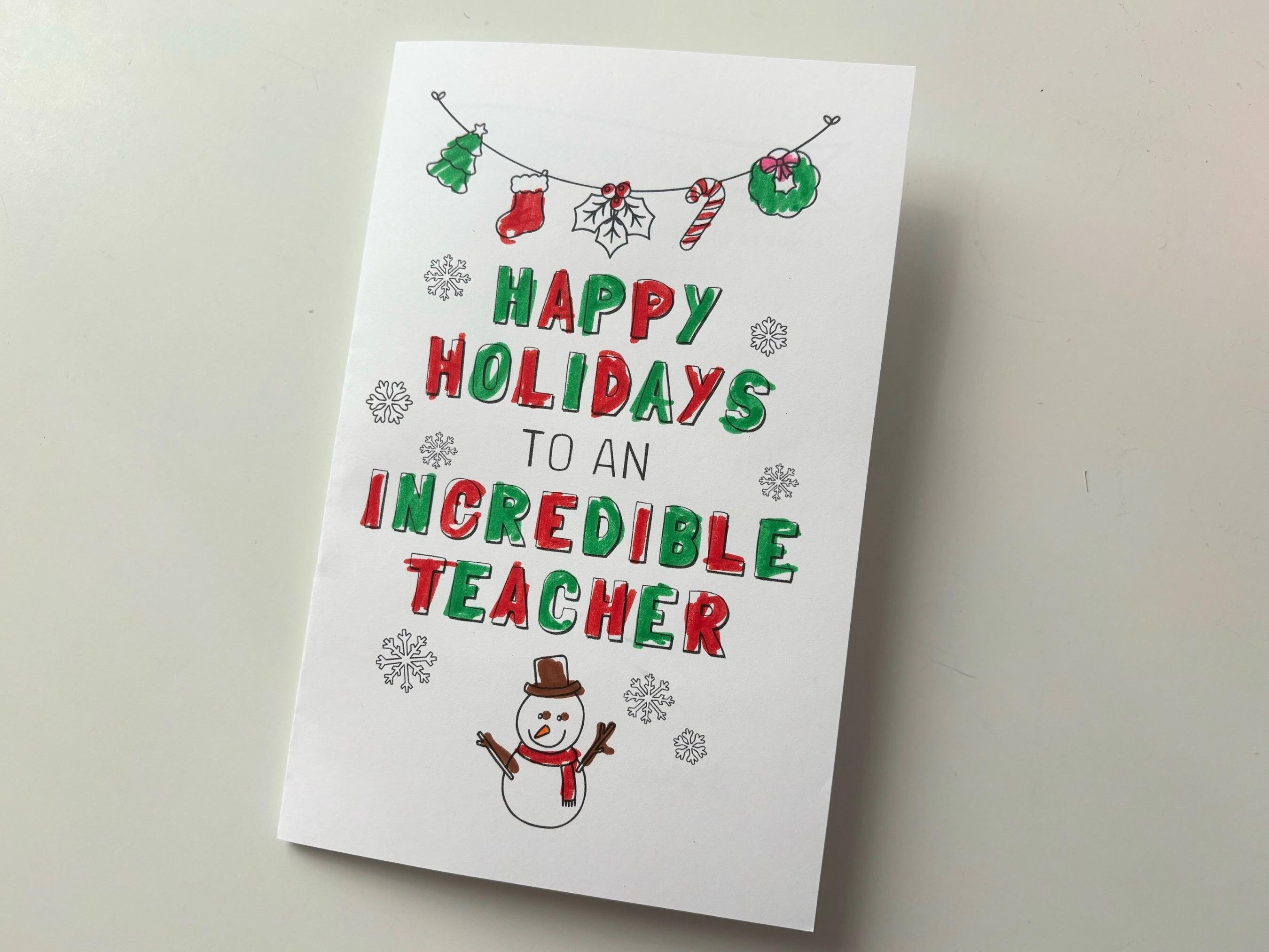 Teacher Holiday Coloring Card From Kids. Christmas Teacher Appreciation ...