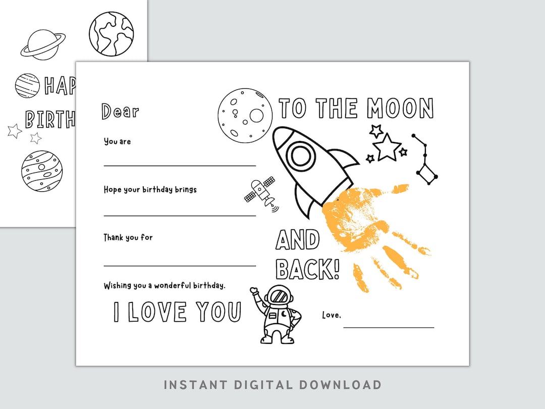 Birthday Coloring Card From Kids. Space Theme Handprint Art, Fill in ...