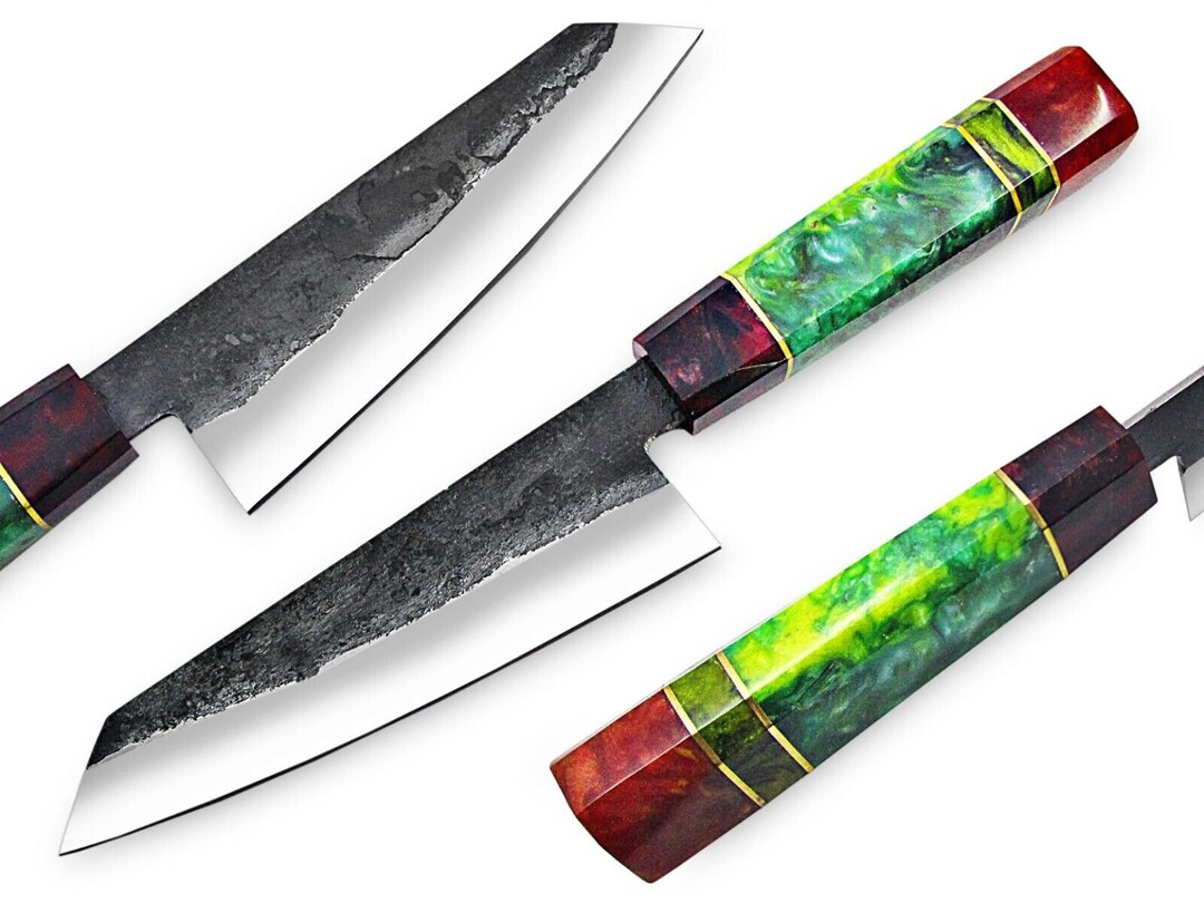 Hand Forged Japanese Style WHITE DEER 1095 Forged Steel Santoku Tanto Chef Knife Japanese Resin ...