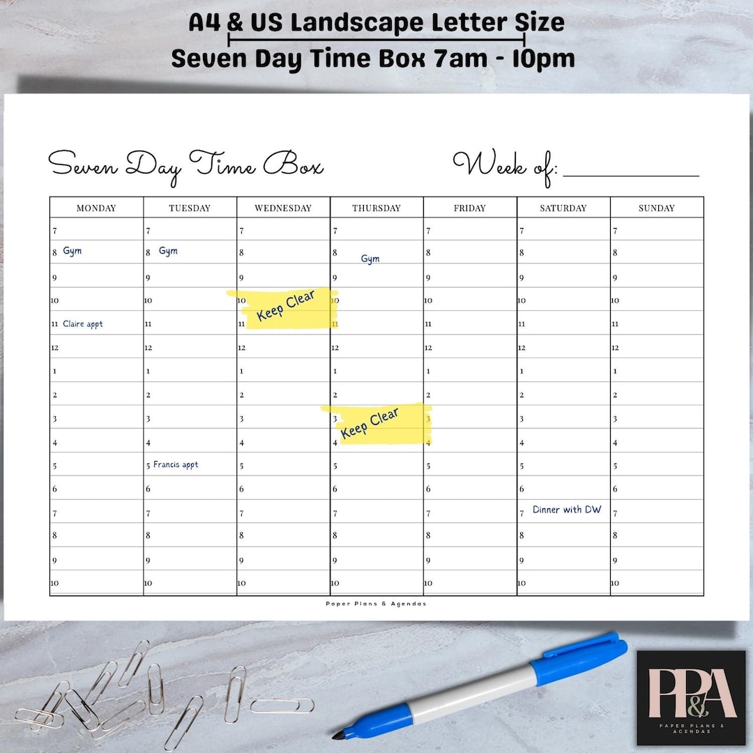 A4 & US LETTER | Time Box | Landscape | Seven Days | Planner Insert ...
