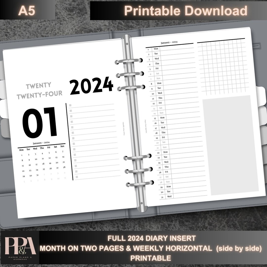 A5 2024 Full Diary Insert Weekly Horizontal Monthly Vertical on 2 Pages ...