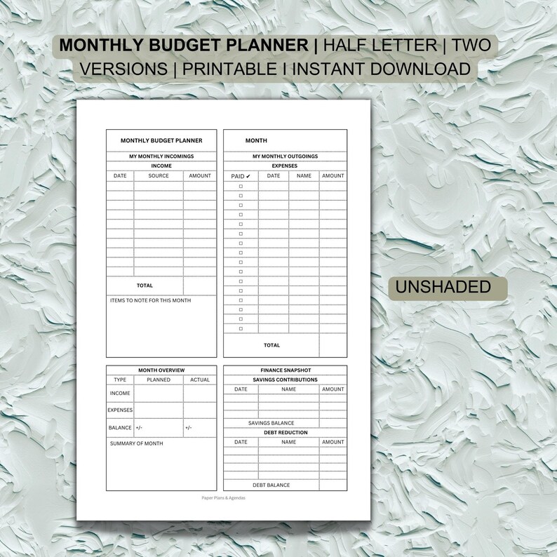 HALF LETTER | Monthly Budget Planner | Two Versions Finance Template ...