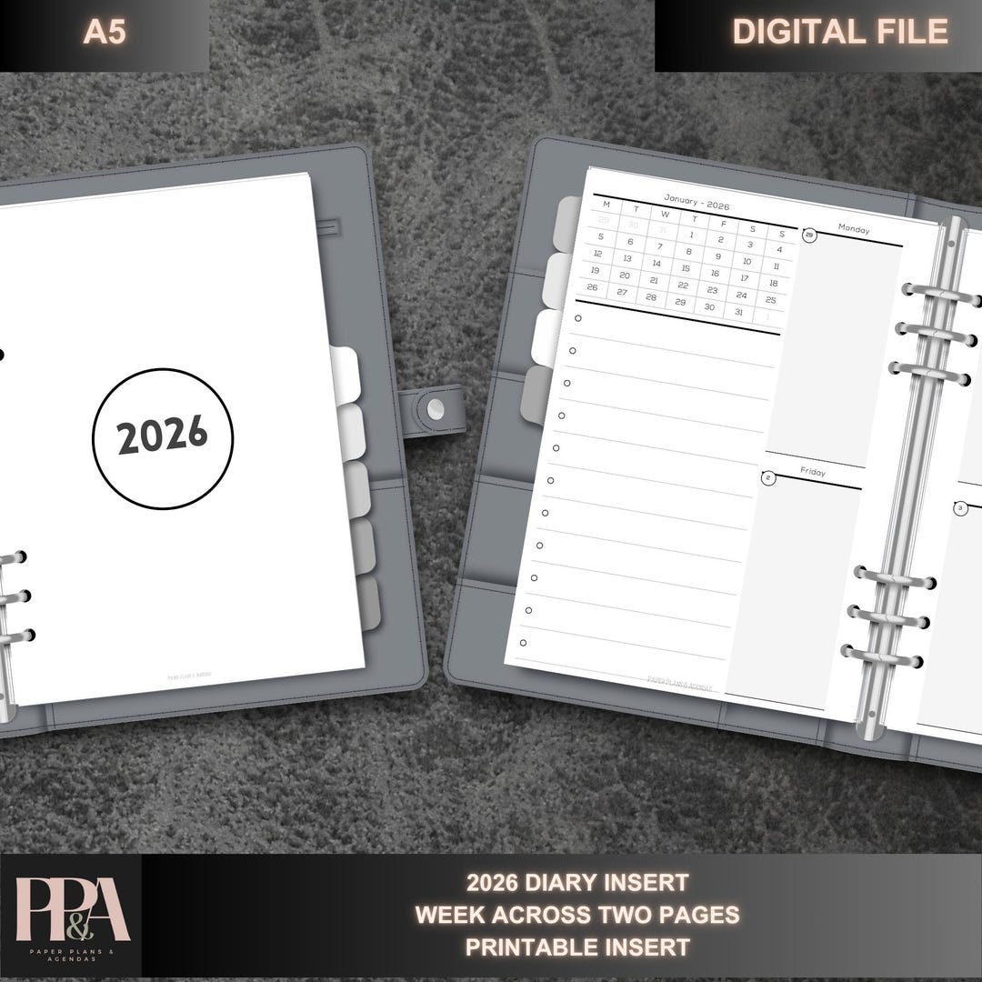 2026 A5 Week Over Two Pages Planner Insert: Printable Hourly Schedule ...