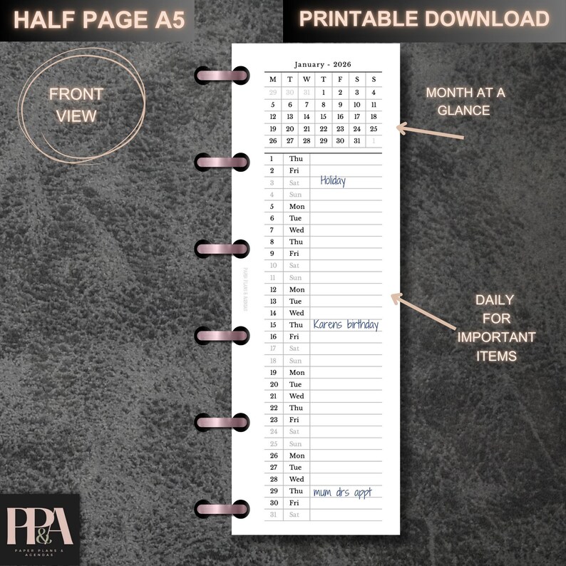 2026 Half Page A5 Planner Insert: Monthly Calendar With Lined Notes ...