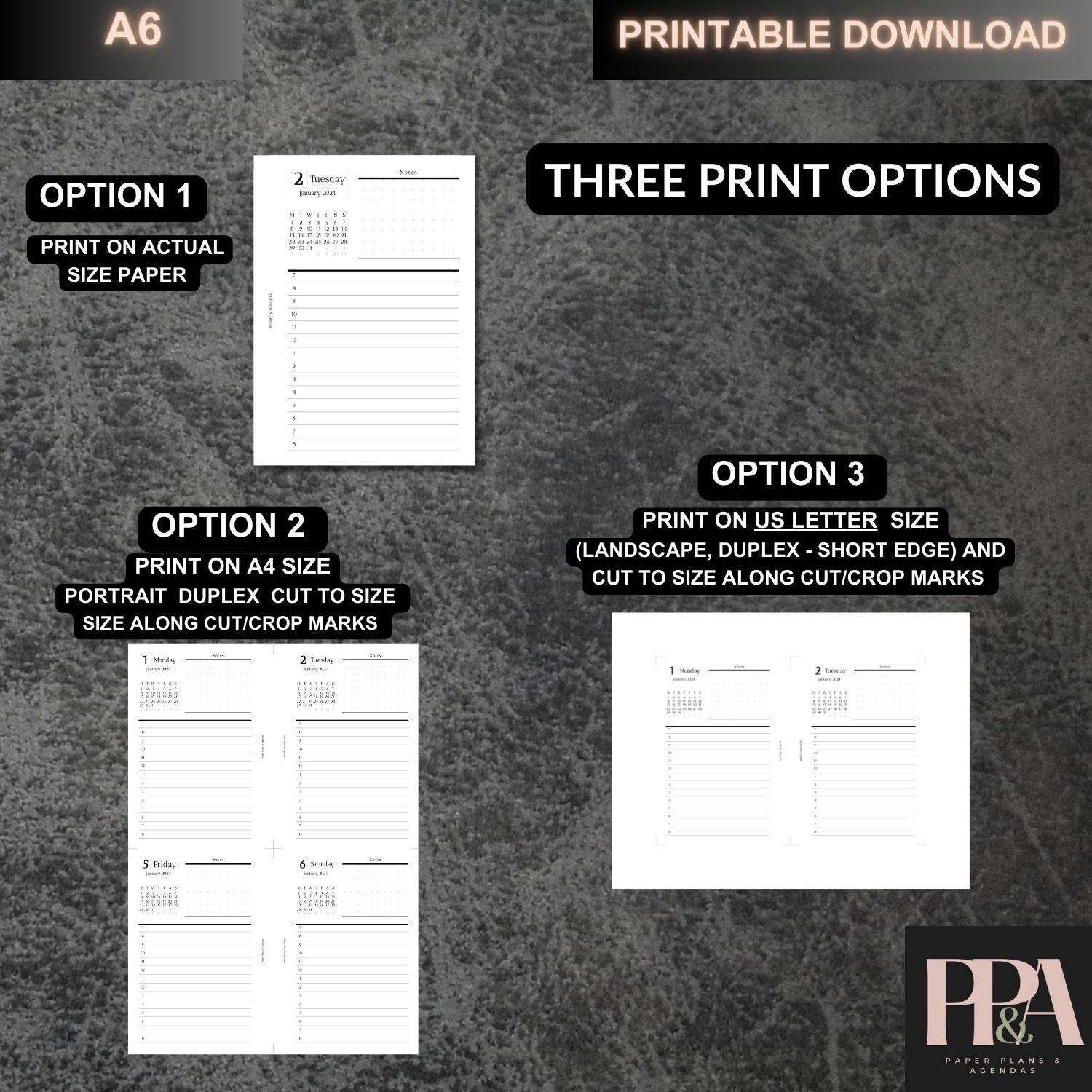 A6 2024 Day on One Page Diary Insert Planner Insert - Etsy