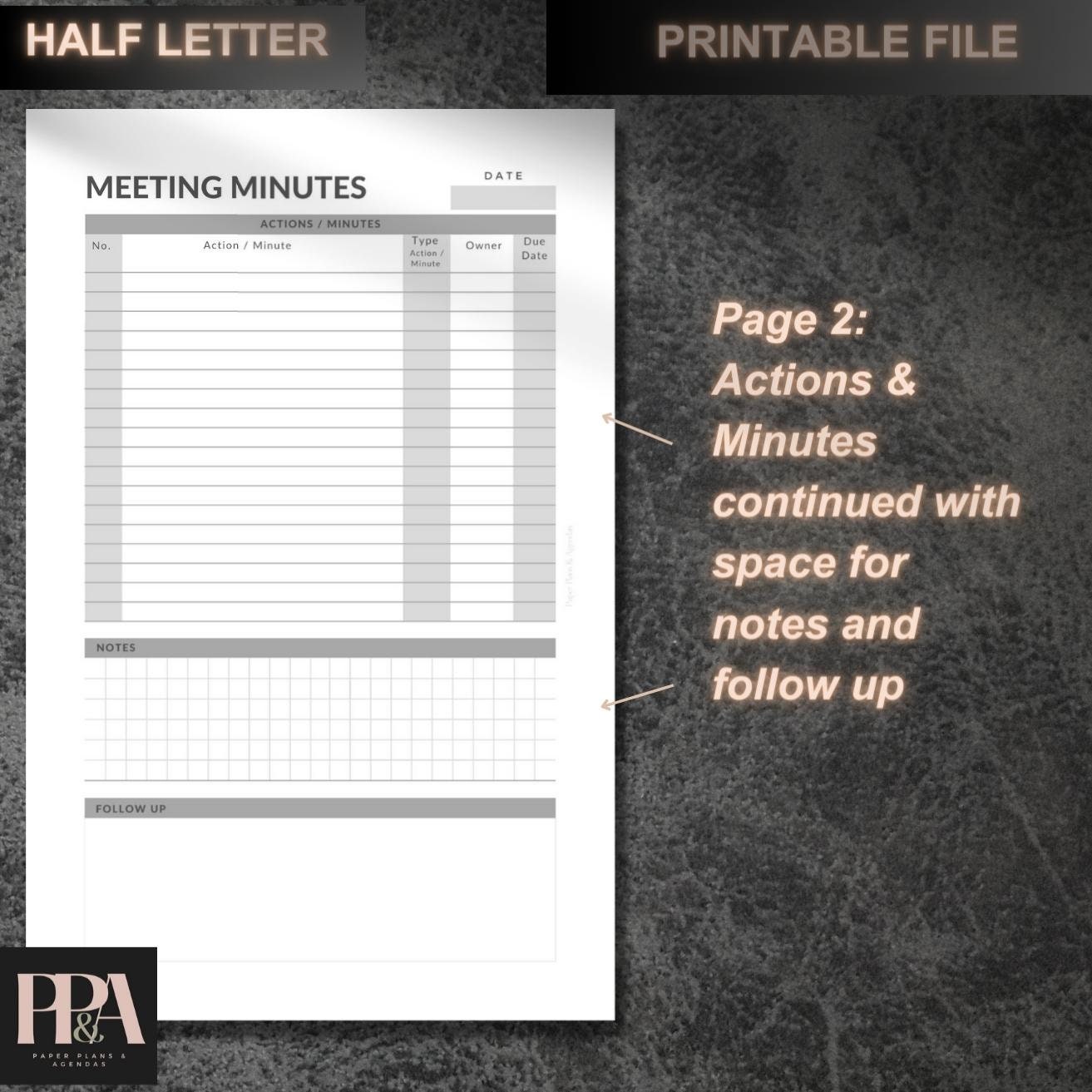 Half Letter Meeting Minutes Printable Planner Inserts (digital Download ...