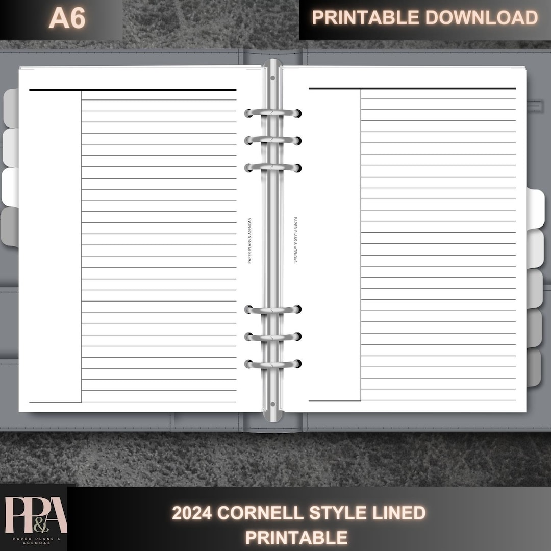 A6 | Cornell Style Lined Notes | Planner Insert | Printable Download ...