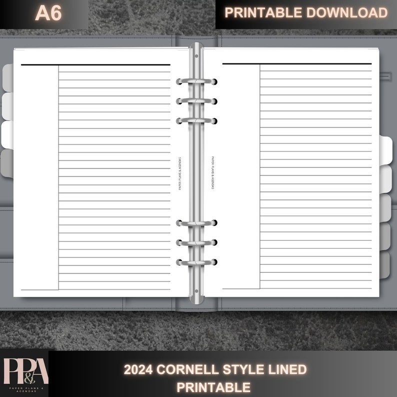 A6 Cornell Style Lined Notes Planner Insert Printable Download PDF ...
