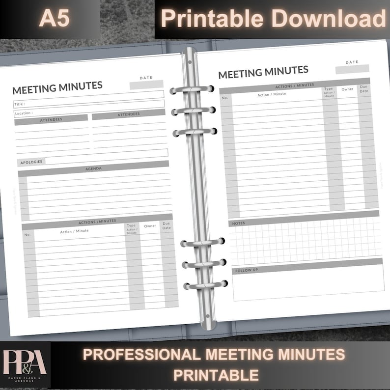 A5 | Meeting Minutes | A5 Printable Planner Inserts | Agenda Template ...