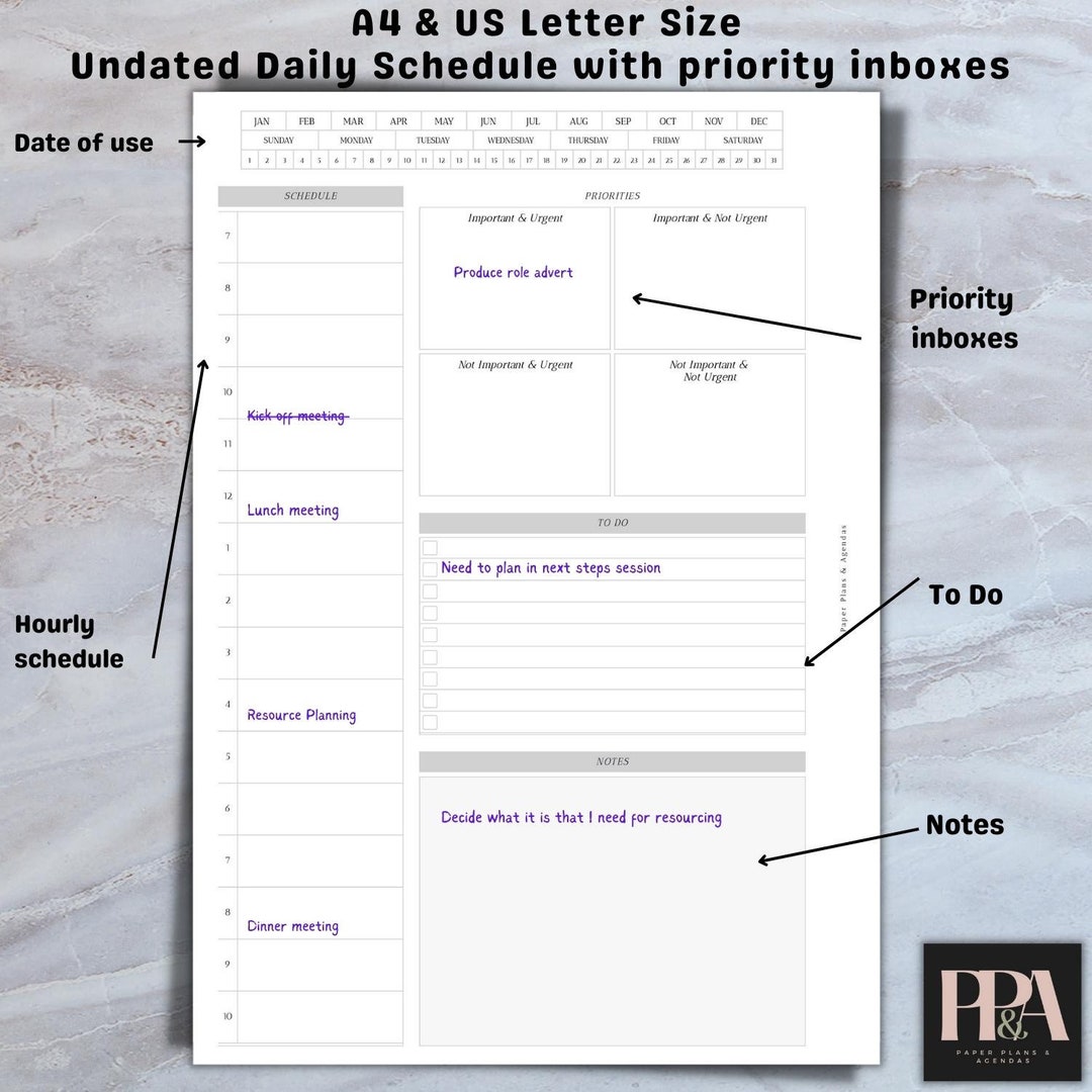 A4 & US LETTER | Undated Daily Schedule | Priority Inboxes | Planner ...