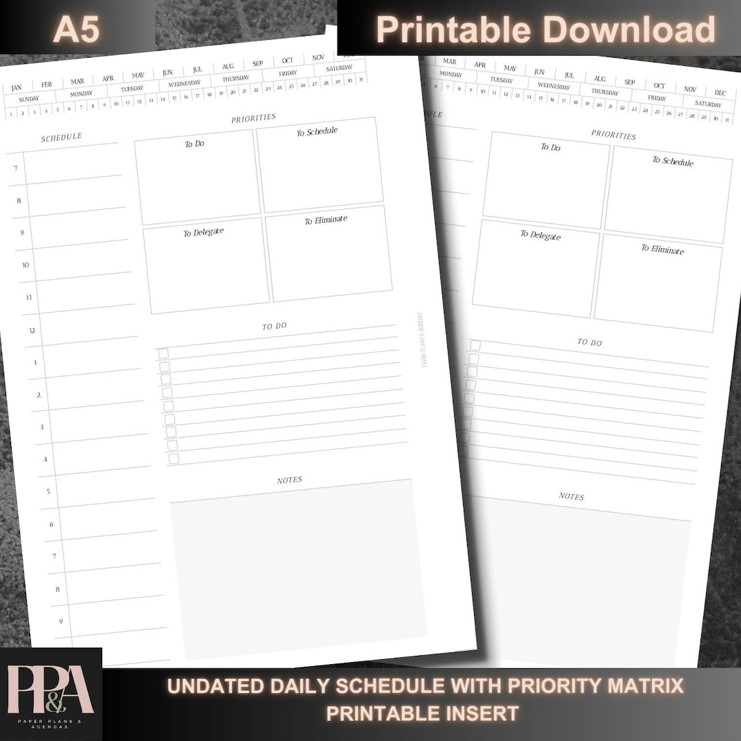 A5 | Undated Daily Schedule With Priority Matrix Insert | PDF | Instant ...