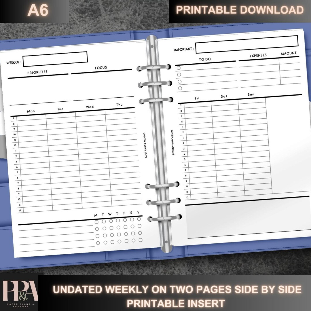 A6 | Undated Week Side by Side | Planner Insert | to Do | Notes ...