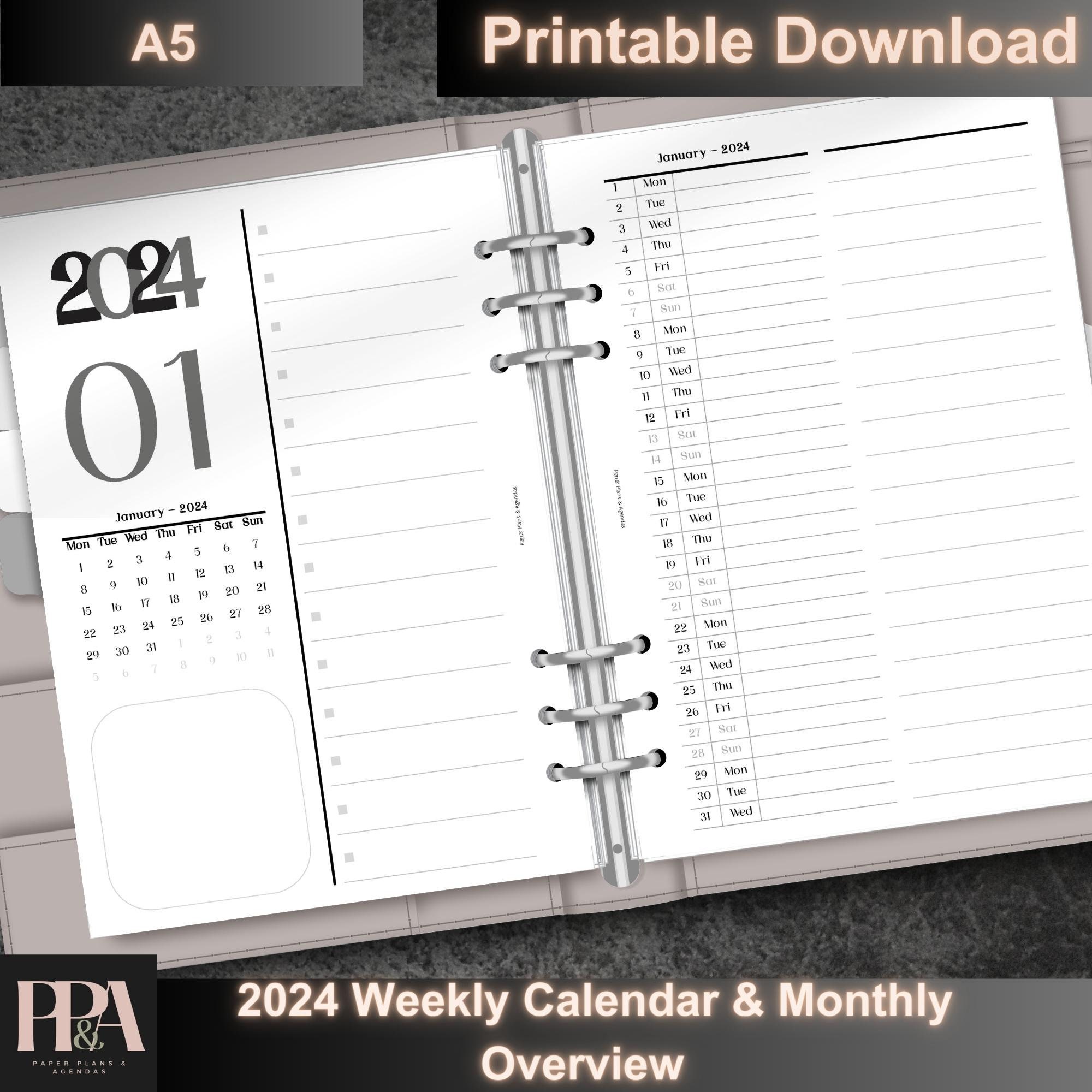 A5 2024 Weekly & Monthly Overview Diary Insert to Do Notes Planner ...