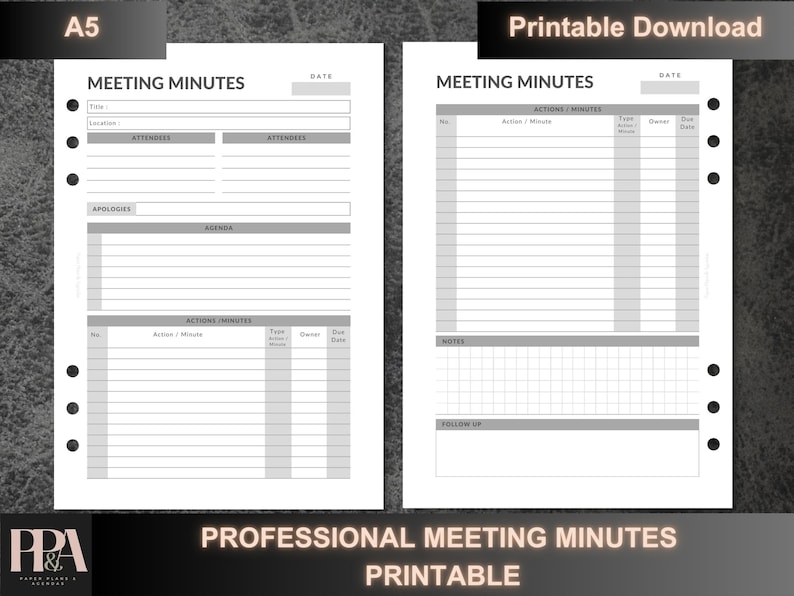 A5 | Meeting Minutes | A5 Printable Planner Inserts | Agenda Template ...