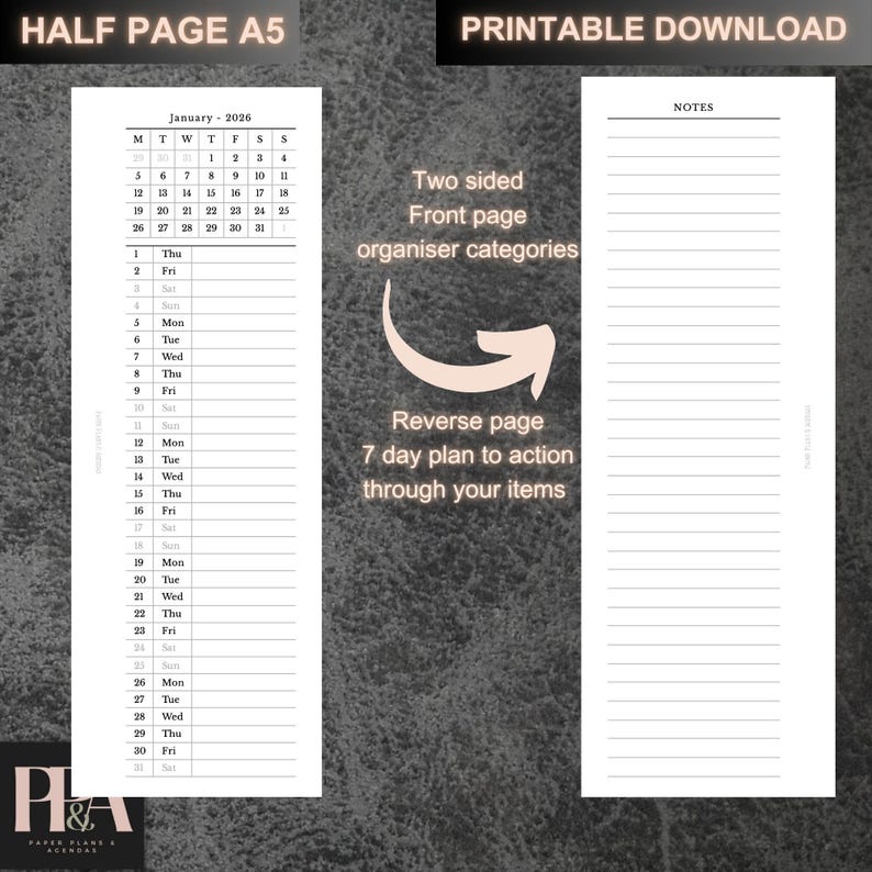 2026 Half Page A5 Planner Insert: Monthly Calendar With Lined Notes ...
