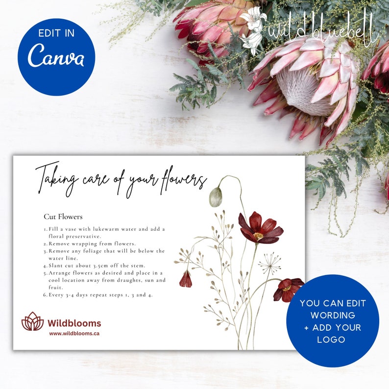 Flower Farm Card, Take Care Card Template, Flower Instructions ...