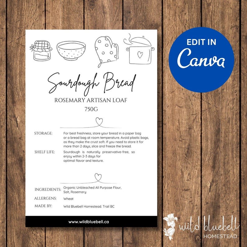 Editable Cottage Bakery Label Template, Sourdough Bread Label, Label ...