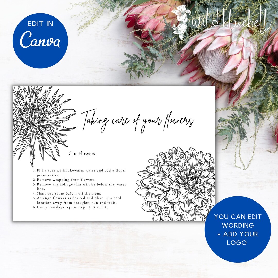 Flower Farm Card, Flower Care Card Template, Printable Card, Editable ...