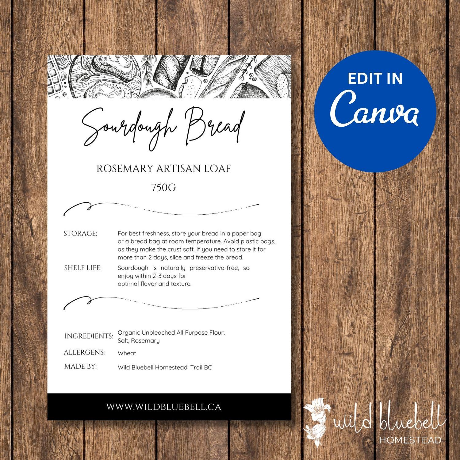 Editable Sourdough Bread Label Template, Microbakery Design (canva) - Etsy