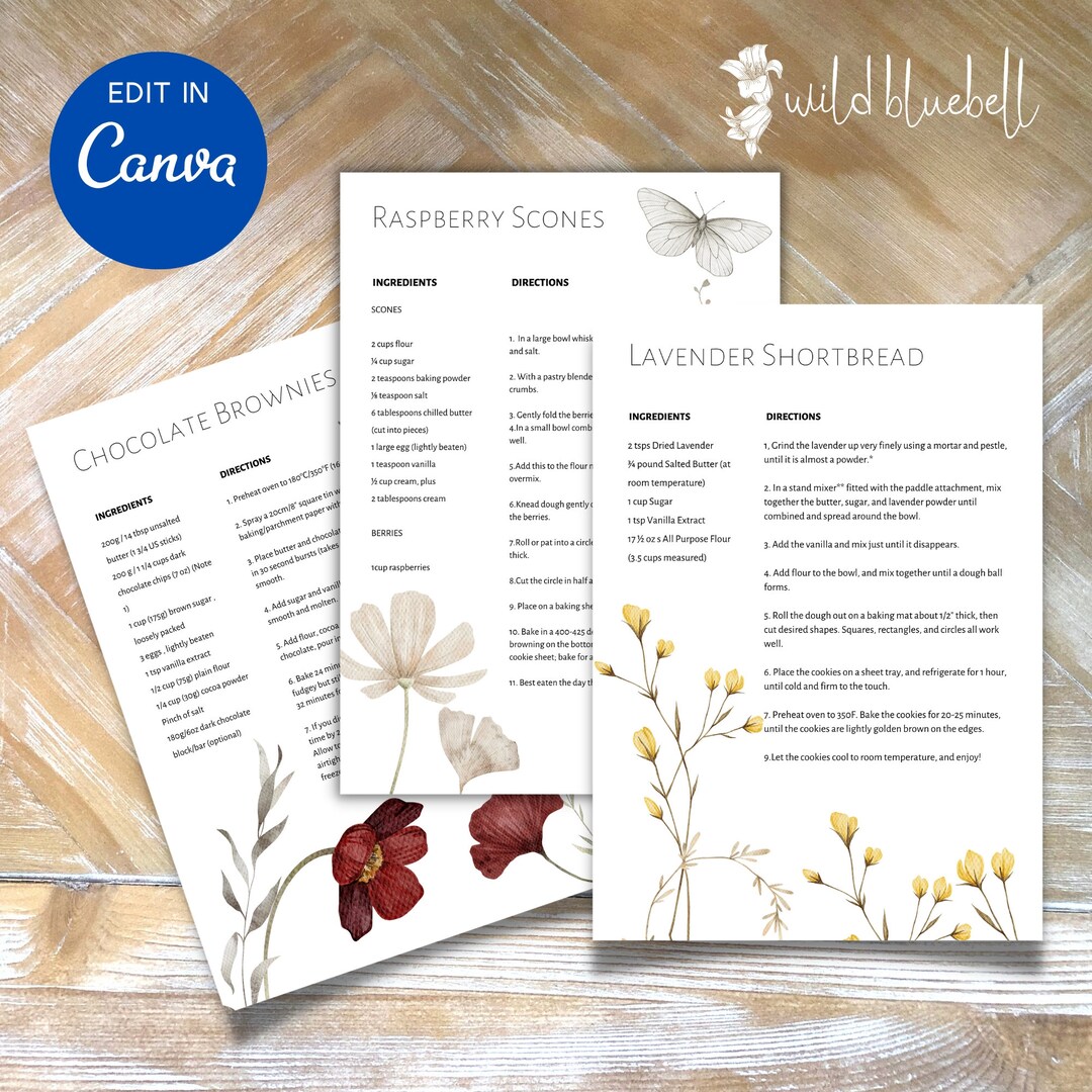 Watercolor Floral Recipe Page Template, Printable, Editable (digital ...