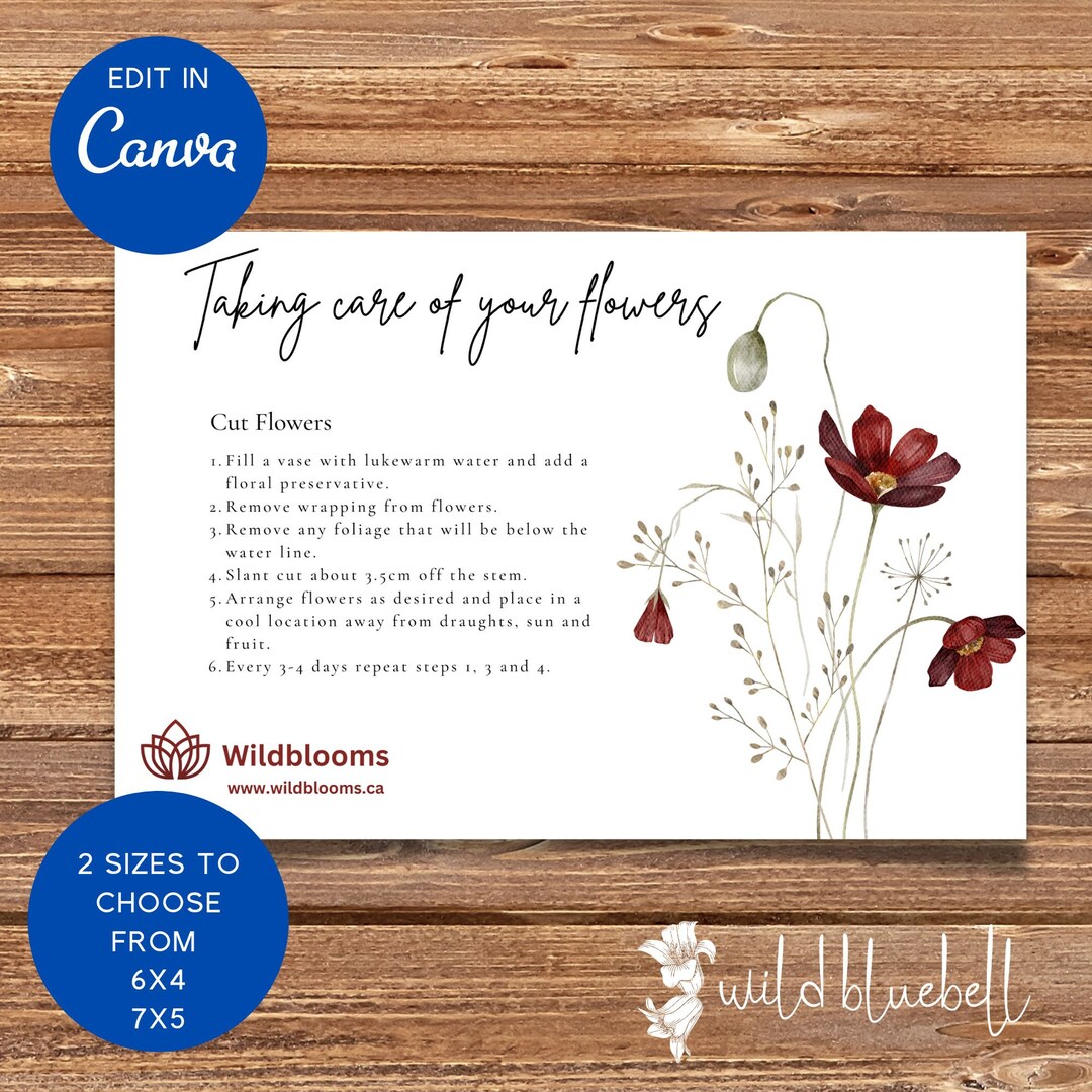 Flower Farm Card, Take Care Card Template, Flower Instructions ...