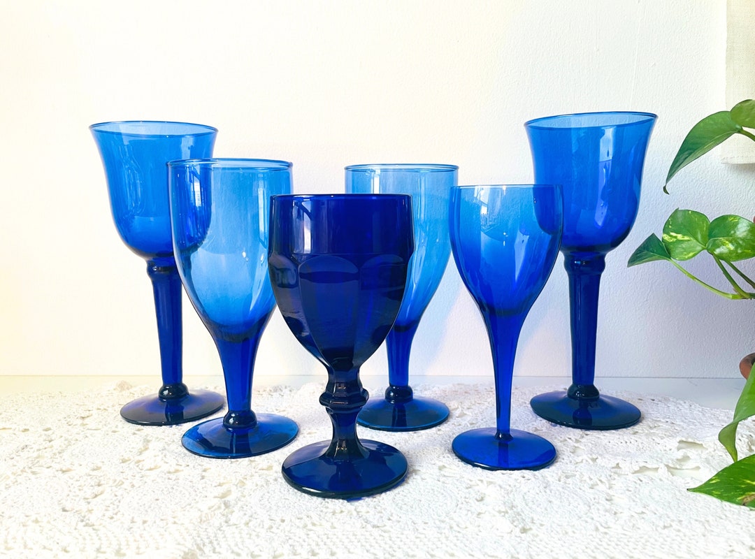 Vintage Mismatched Cobalt Blue Wine Goblets Set Of 6 Blue Wine Glasses Bohemian Boho Table