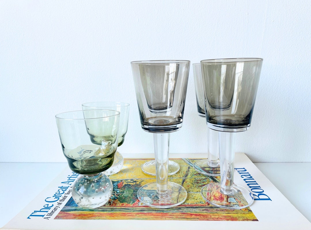 6 Piece MCM Smokey Stemware Set | Olive Green Bullicante Bubble Ball ...