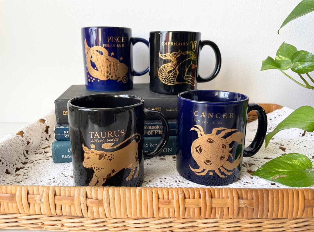 Vintage Mismatched Astrology Mug Set | 4 1990s Black, Navy Blue and ...
