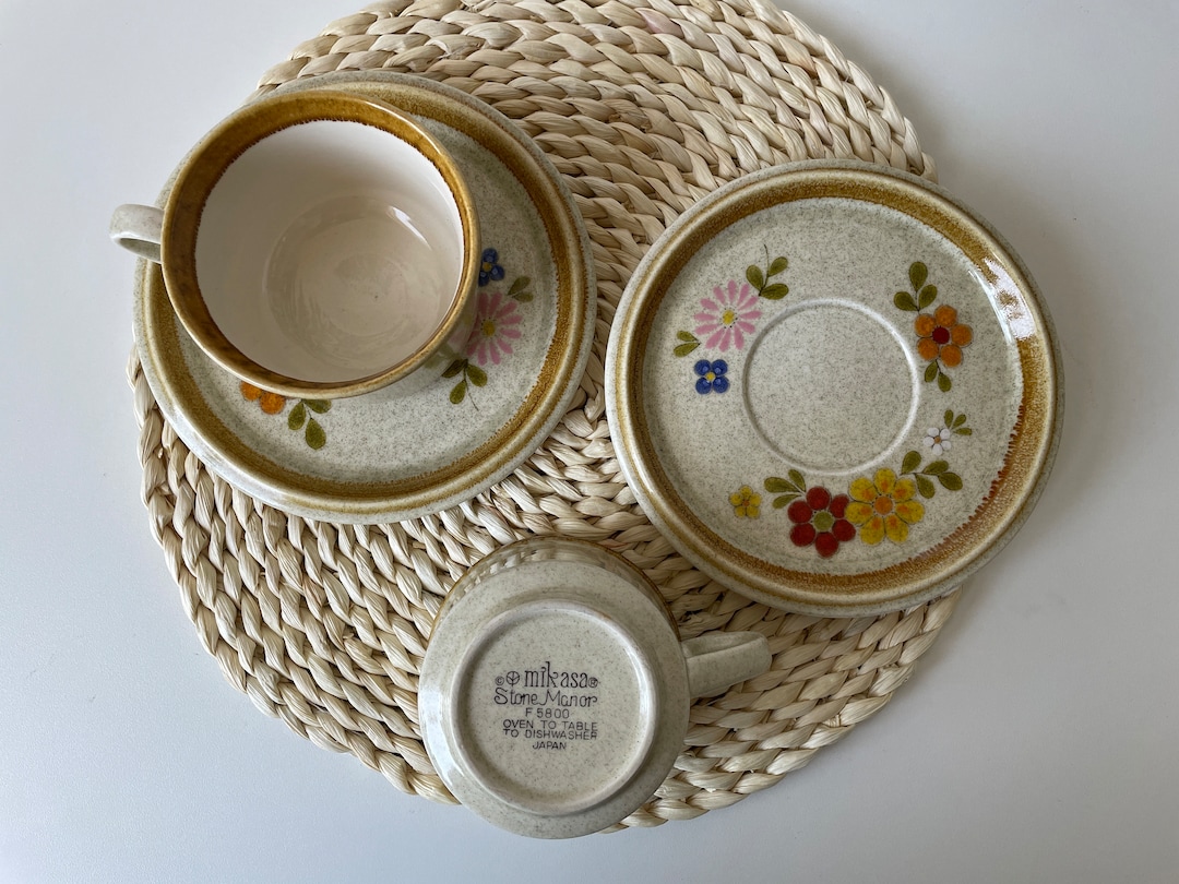 Mikasa Vintage Stoneware Cups and Saucers, Florabunda Pattern | Set of 4 MCM Retro Floral Mid ...