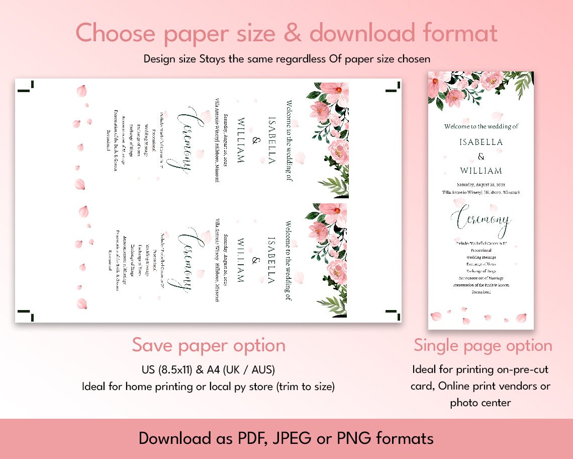 Wedding Program Template, Wedding Details Card, Pink Floral, Printable ...