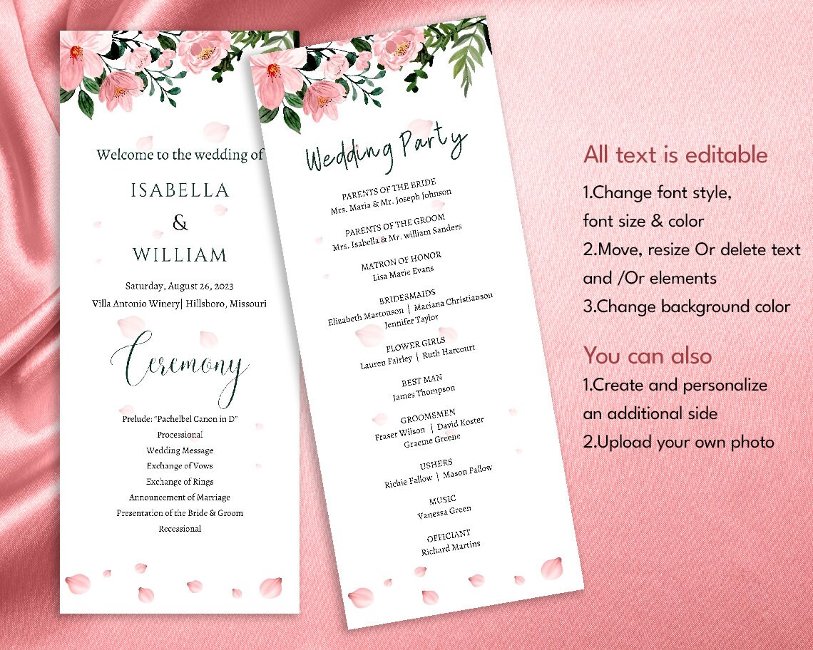 Wedding Program Template, Wedding Details Card, Pink Floral, Printable ...