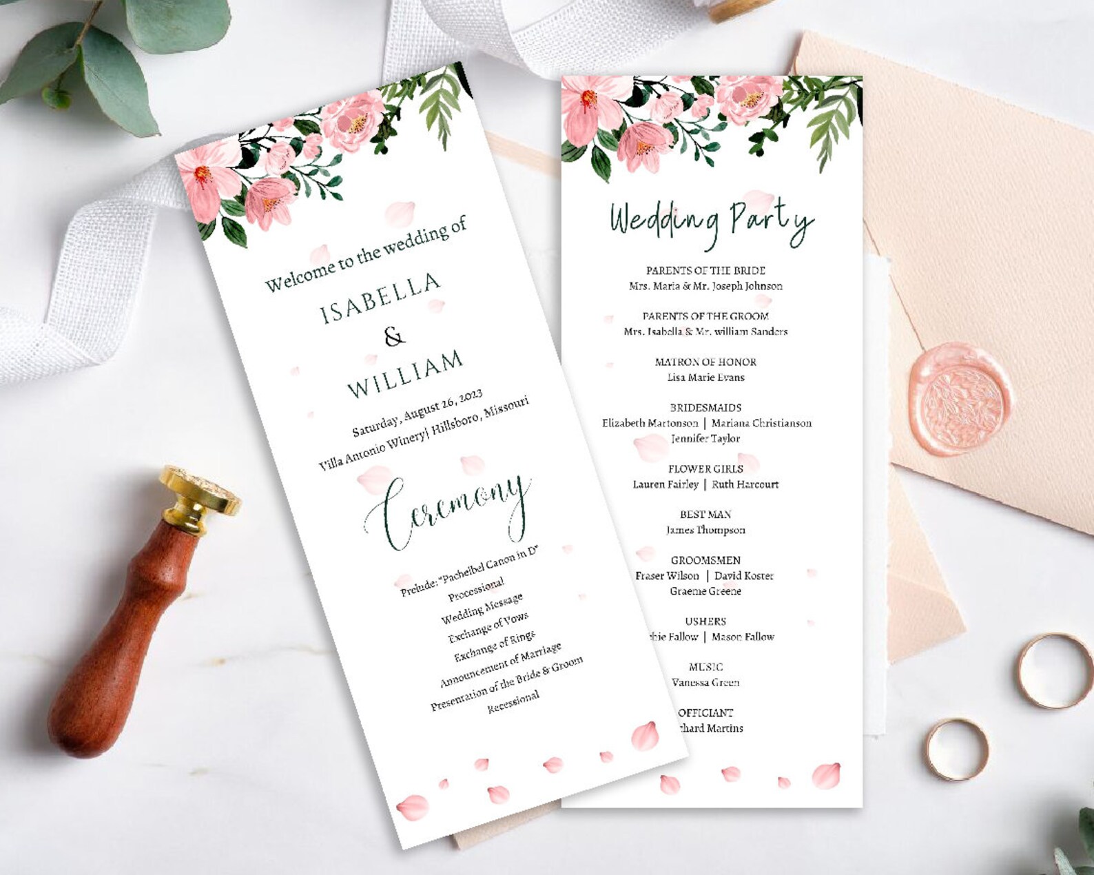 Wedding Program Template, Wedding Details Card, Pink Floral, Printable ...