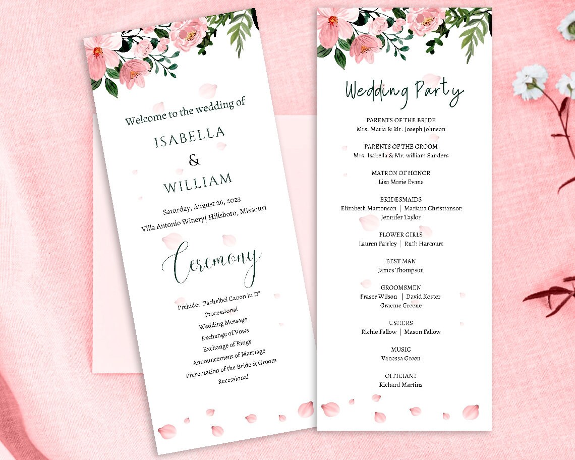Wedding Program Template, Wedding Details Card, Pink Floral, Printable ...