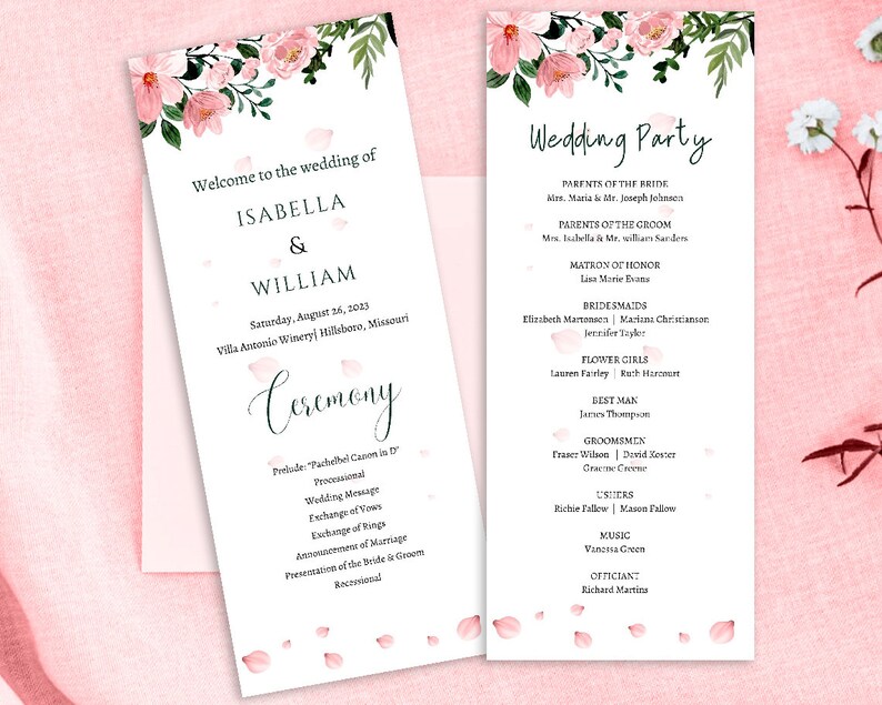 Wedding Program Template, Wedding Details Card, Pink Floral, Printable ...