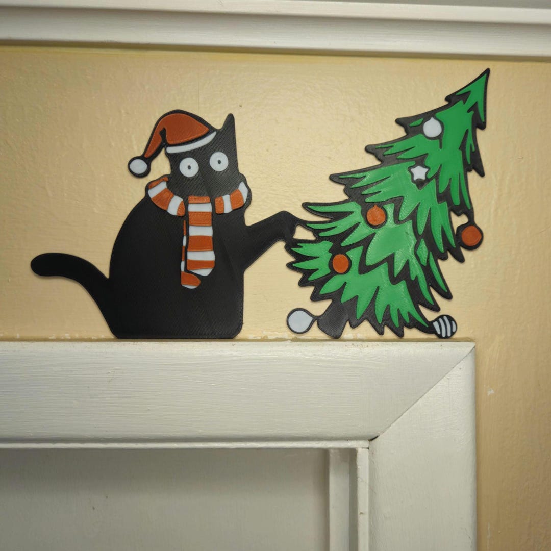 Christmas Black Cat Door Corner Topper | Cat Knocking Over Christmas ...