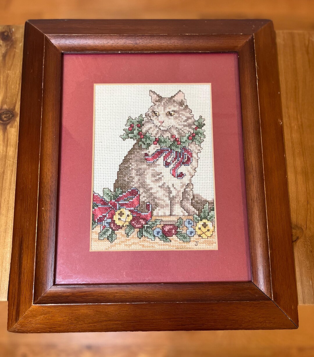 Vintage Needlepoint Cat. Handmade Needlepoint Cat in Wooden Frame. Cat ...
