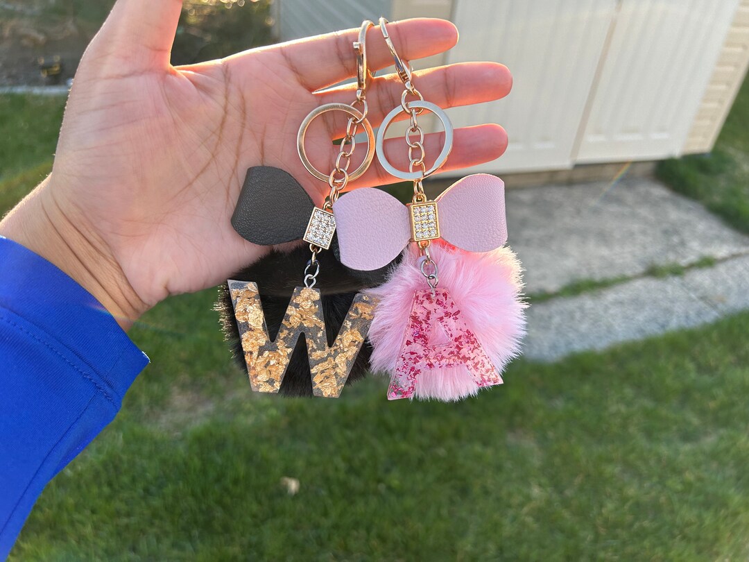 Puffball Keychain With Custom Foil Resin Initial - Etsy