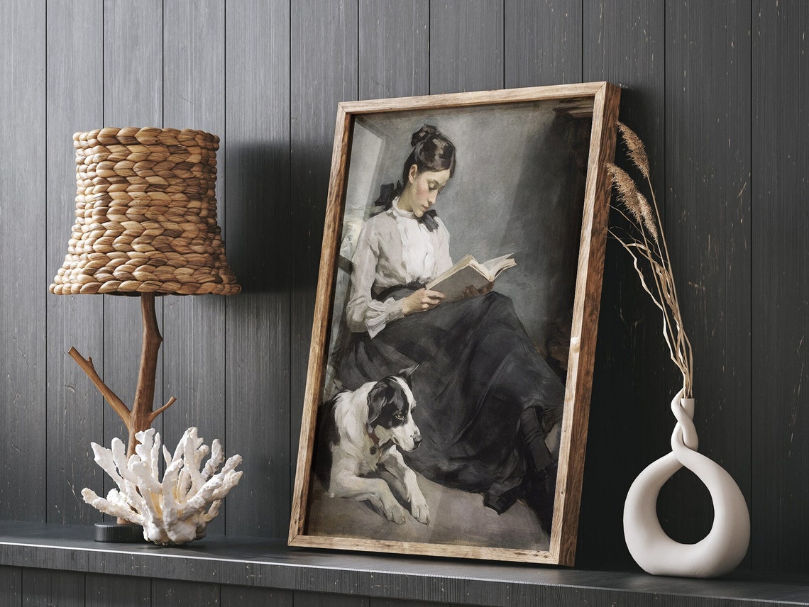 Antique Portrait Woman Reading, Vintage Bedroom Wall Decor, Elegant ...