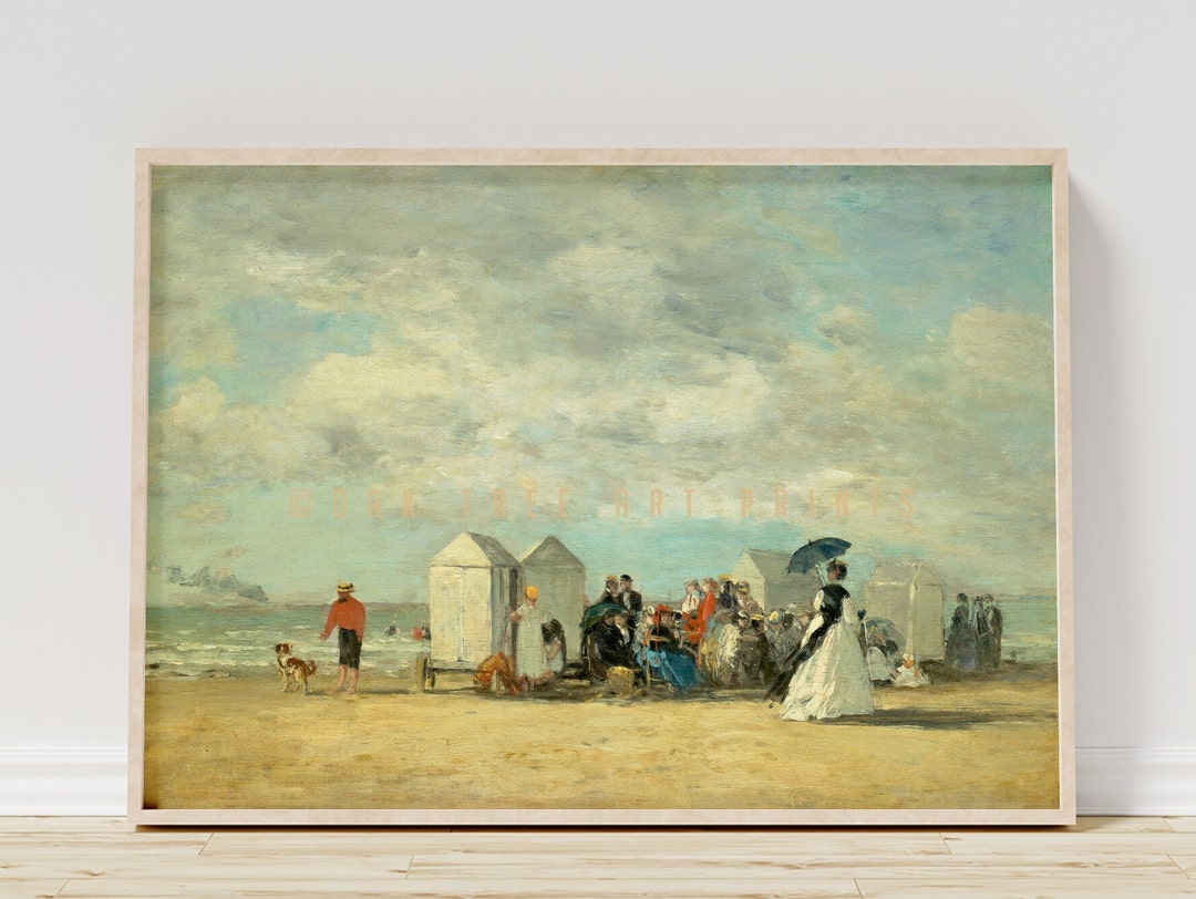 Vintage Beach Landscape Painting, Classical Warm Colors, Cloudy Family ...