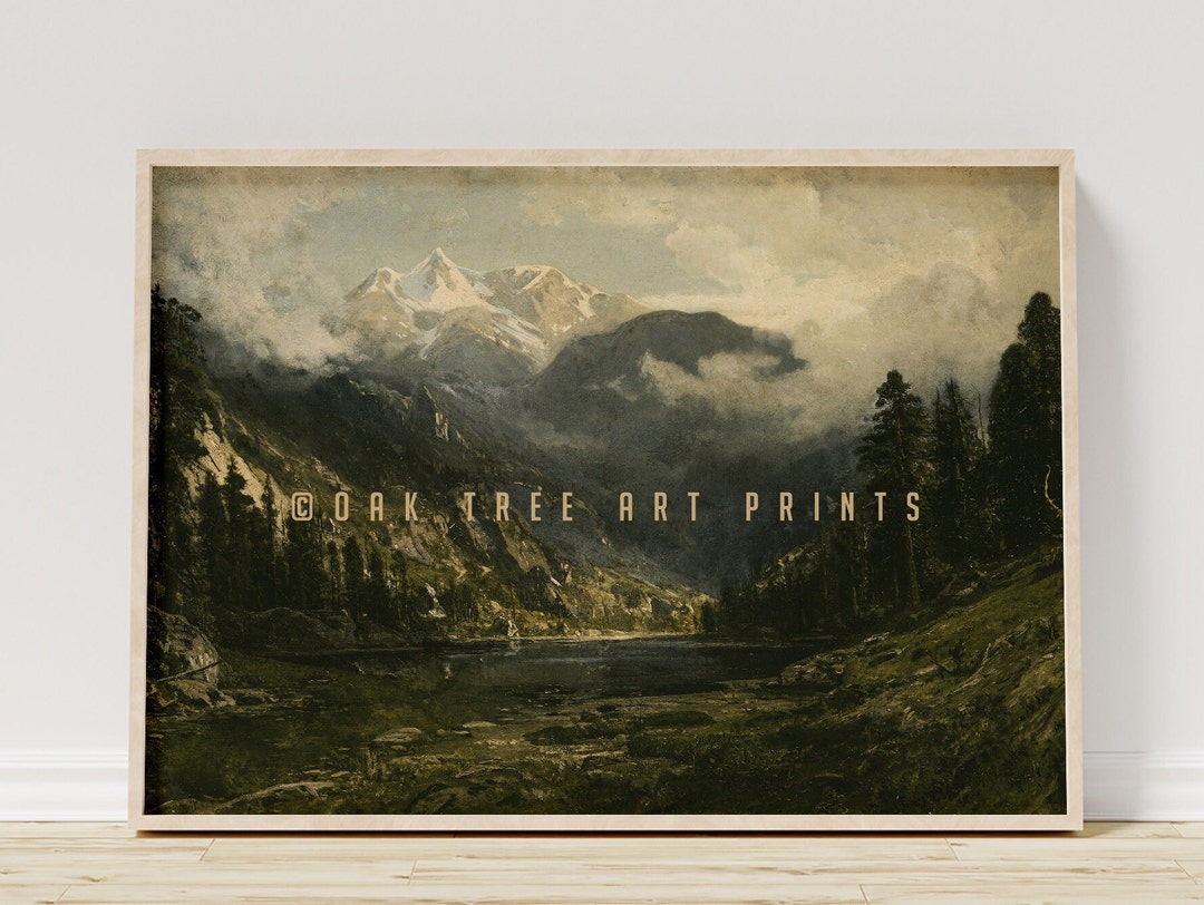 Vintage Snowy Mountains Oil Painting, Antique Lake and Woods Landscape ...