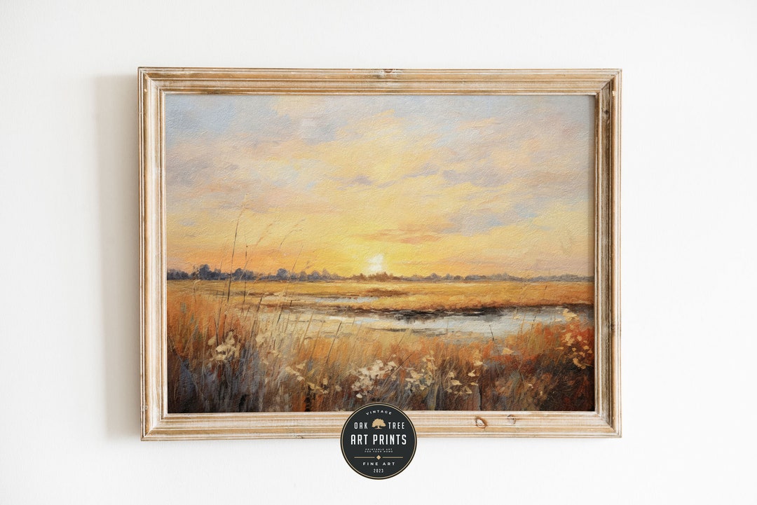 Printable Wildflower Sunset Field Landscape Oil Painting, Vintage ...