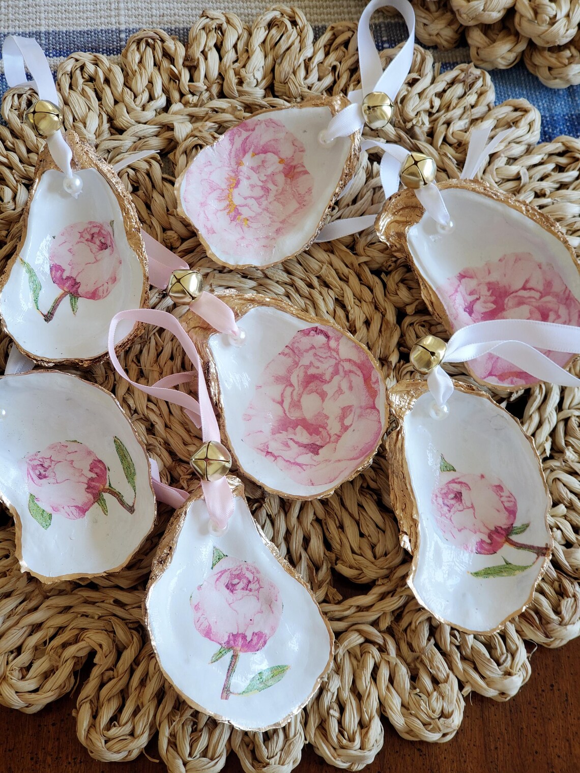 Peony Oyster Shell Napkin Rings /ornaments- Gold Trim, Set of 6 ...
